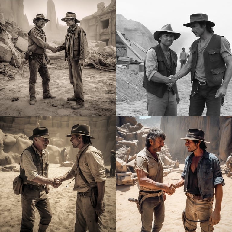 Indiana Jones and John Rambo Handshake Mid-adventure Prompt | NeoPrompt