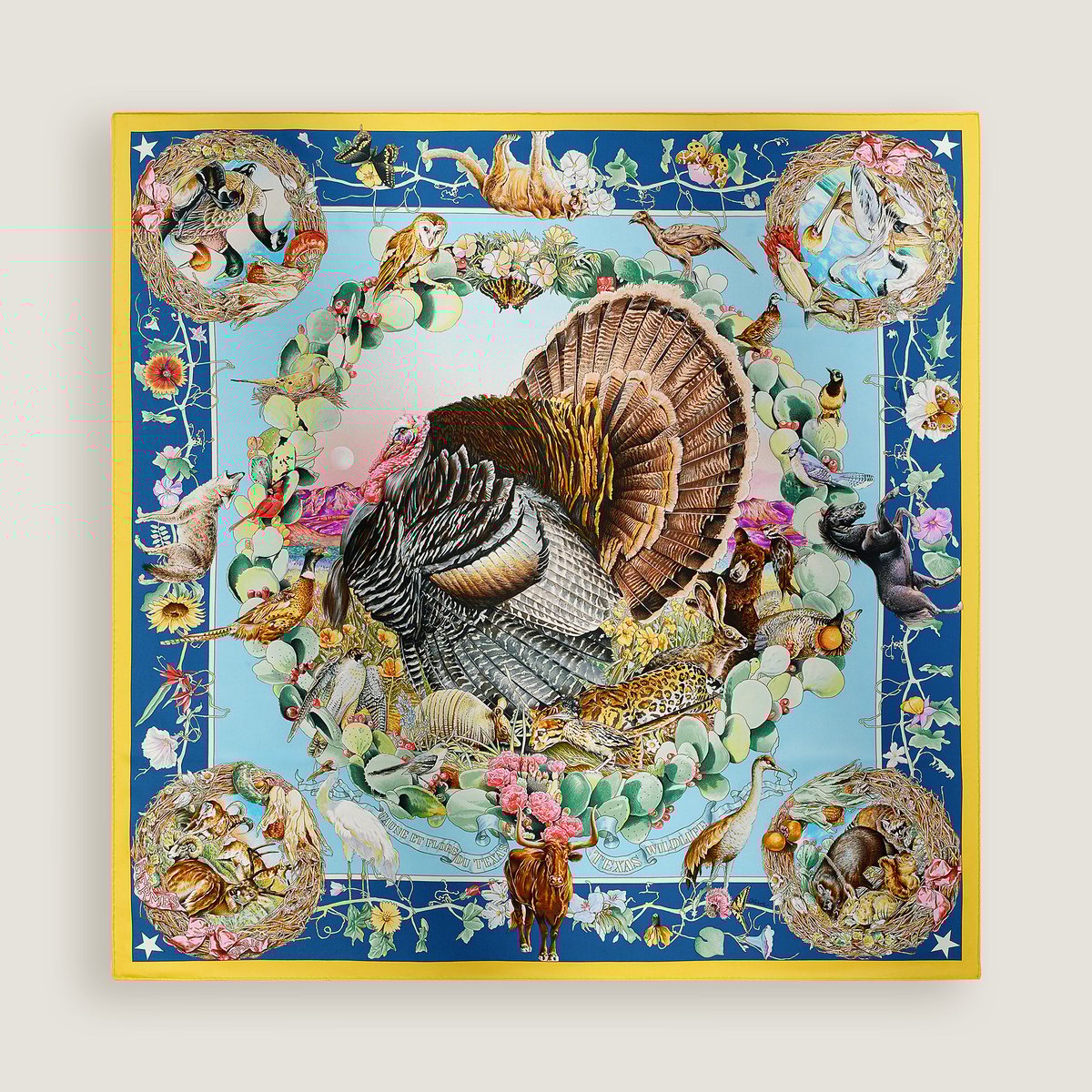 Hermès Faune et Flore du Texas forever scarf 90 Jaune Vif/Bleu Azur ...