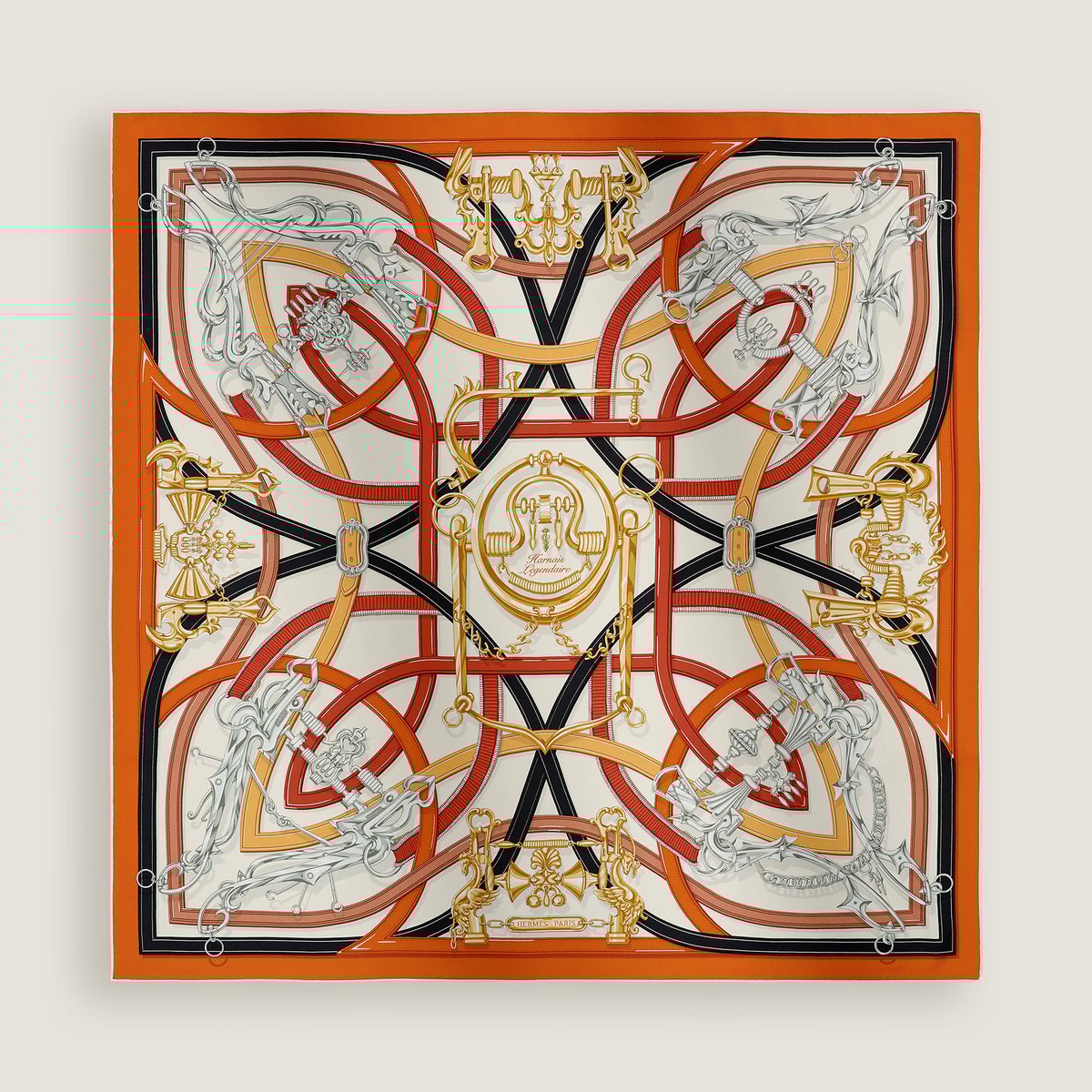 Hermès Harnais Legendaire scarf 90 Blanc Cassé/Orange Cuit/Noir | BagUSeek
