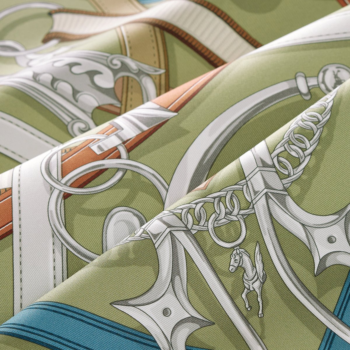 Hermès Harnais Legendaire scarf 90 Vert Amande/Bleu Jean/Cannelle ...