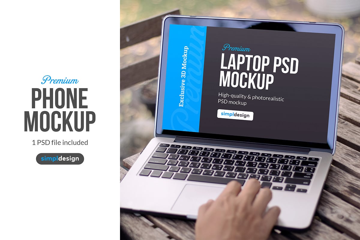 Wooden Table Outdoor Laptop Mockup by SimplDesign - Motionstyles
