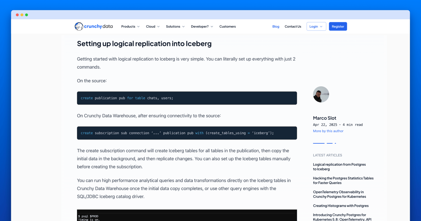 Logical replication from Postgres to Iceberg | Crunchy Data Blog Logical replication from Postgres to Iceberg | Crunchy Data Blog