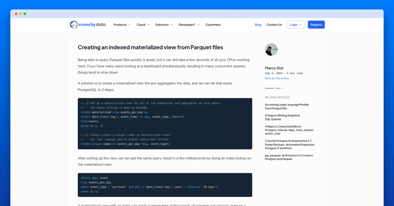 Postgres Materialized Views from Parquet in S3... | Crunchy Data Blog Postgres Materialized Views from Parquet in S3... | Crunchy Data Blog