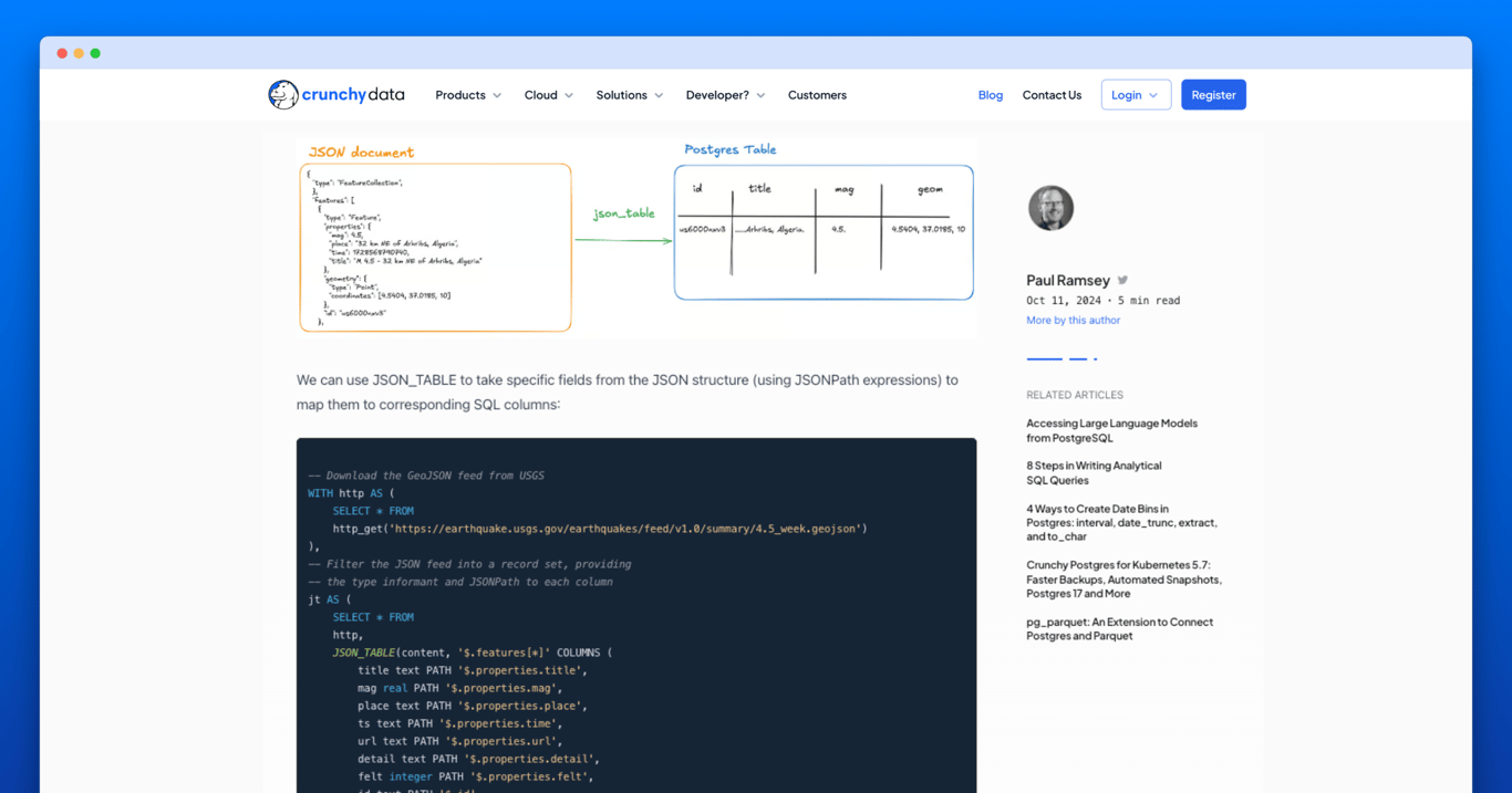 Convert JSON into Columns and Rows with JSON_TABLE | Crunchy Data Blog Convert JSON into Columns and Rows with JSON_TABLE | Crunchy Data Blog