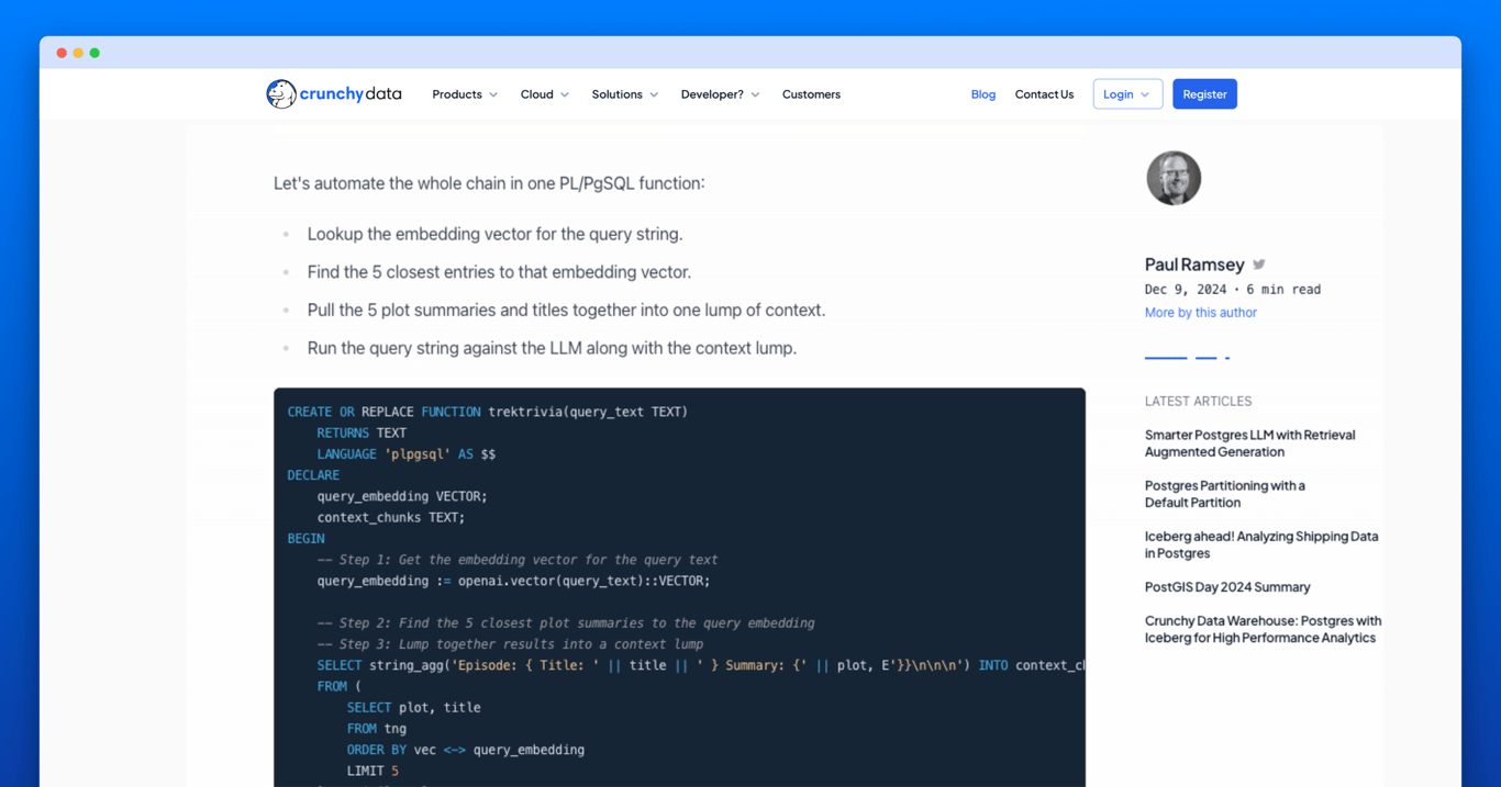 Smarter Postgres LLM with Retrieval Augmented... | Crunchy Data Blog
