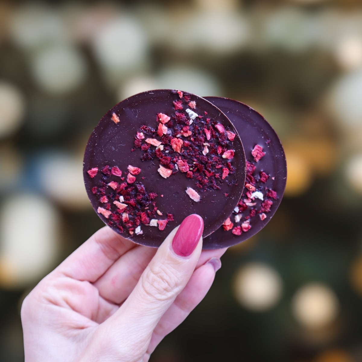 Dark Chocolate Rondos Sprinkled with Raspberry & Strawberry & Tart Cherry from Trader Joe's ...