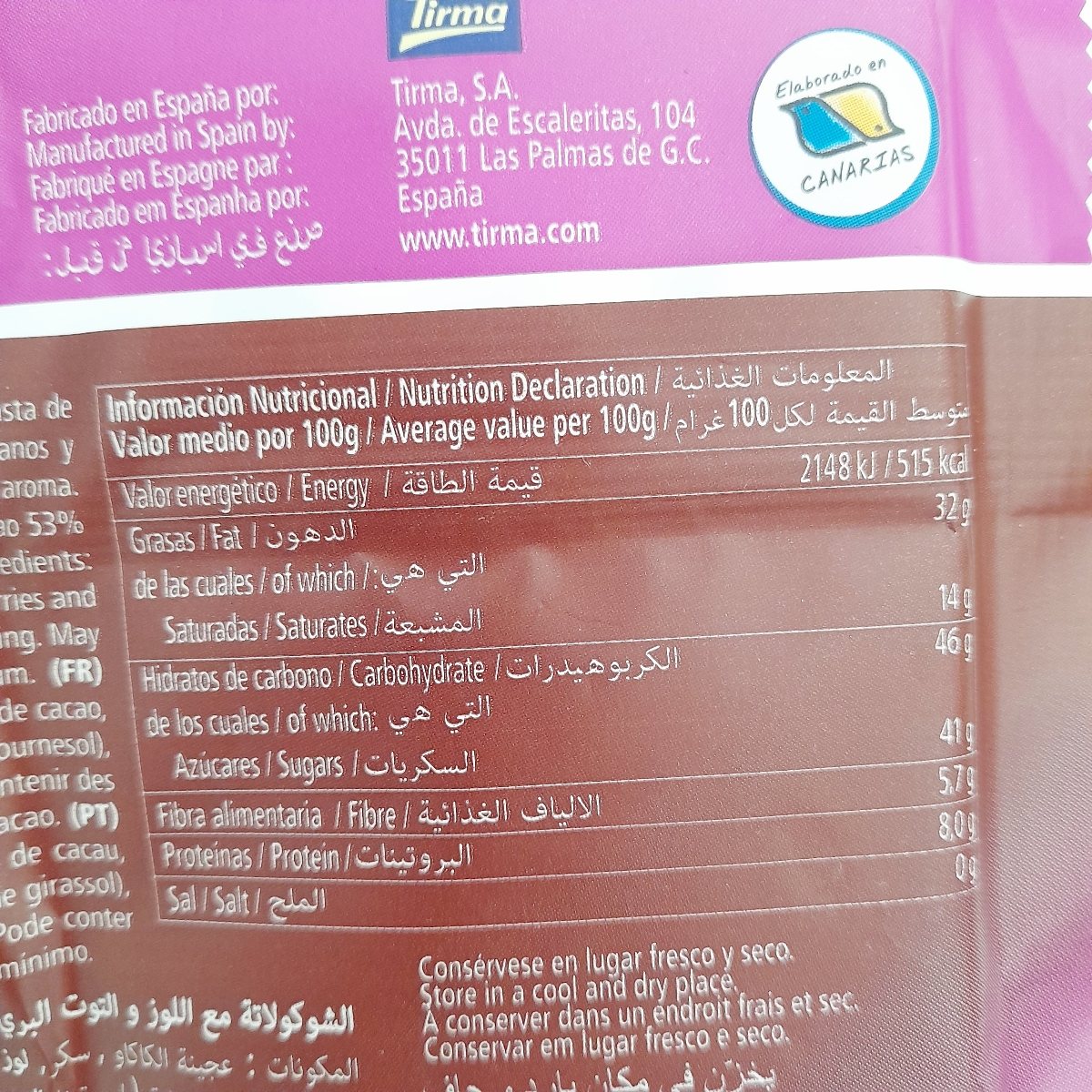 Chocolate Negro 53% Cacao Con Almendras Enteras Y Arándanos from Tirma ...
