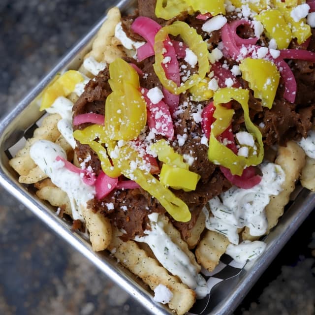 Liz's Loaded Gyro Fries at Seitan's Realm, Columbus - Vegan Dish ...