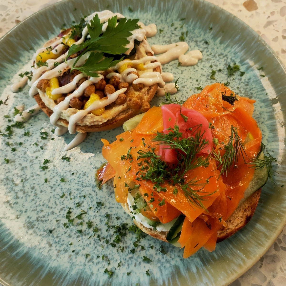 Sabich and Lox & Shmear Bagel at Beetschwester, Münster - Vegan Dish ...