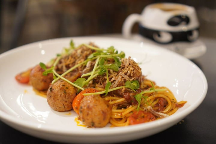 The Tiramisu Hero Kallang, Singapore Vegan meatball pasta Review | abillion