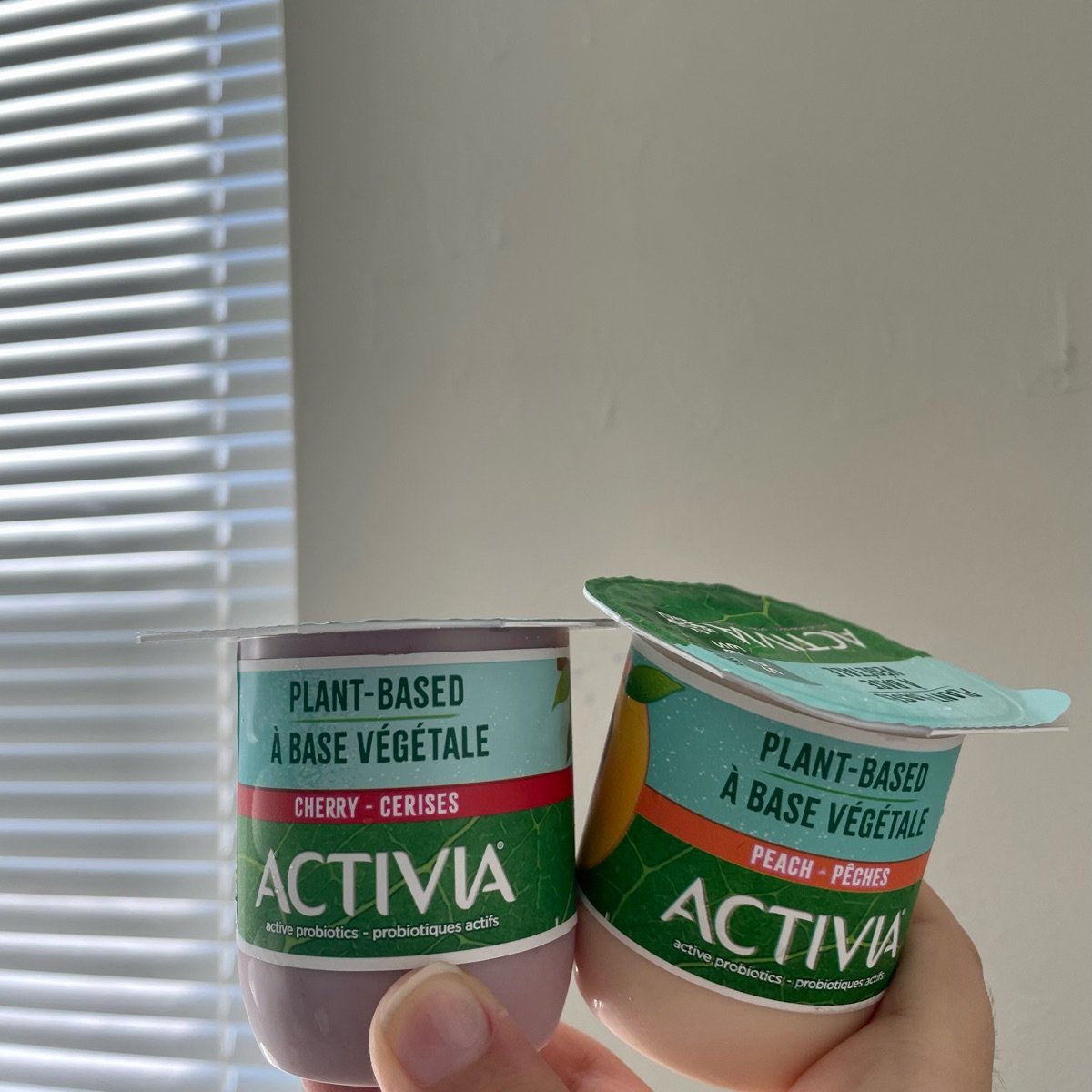 Plant based probiotic yogurt cherry and peach from Activia - Vegan ...