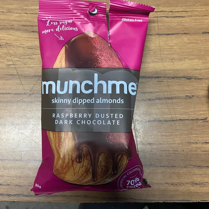 Munchme Skinny dipped almonds, Raspberry Dusted Dark Chocolate Review ...