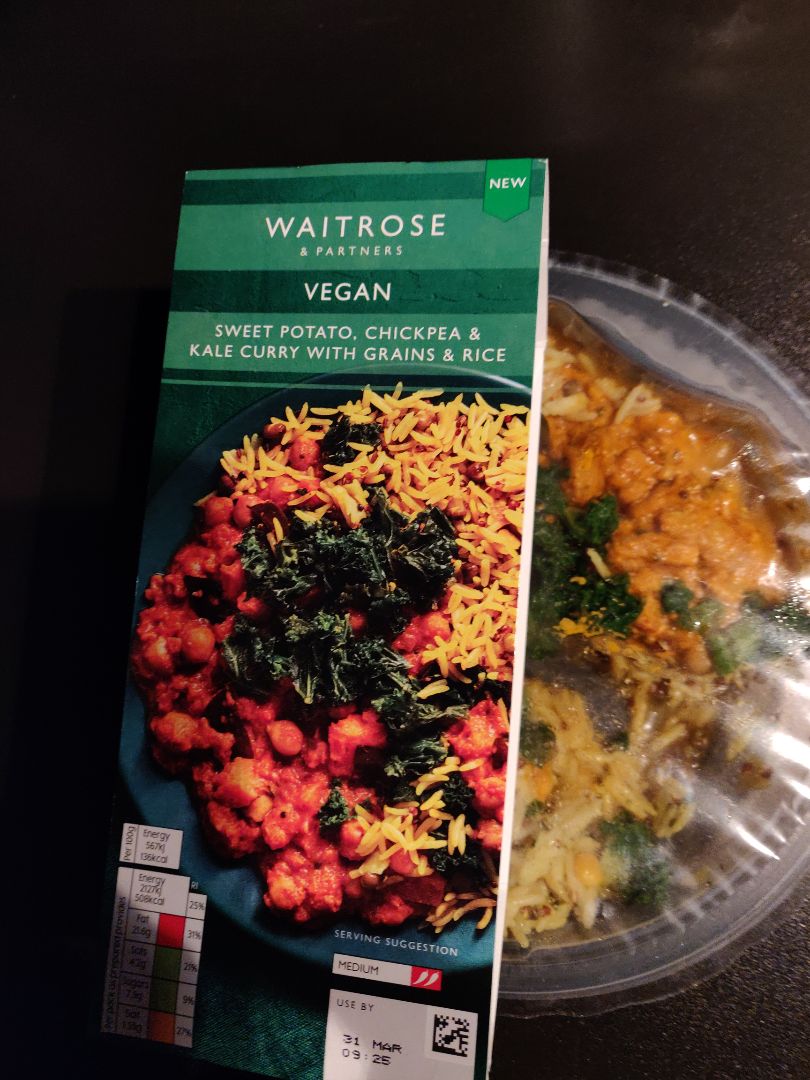 Waitrose Sweet potato, chickpea and kale curry with grains and rice ...