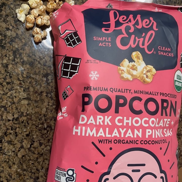 Lesser Evil Snacks dark chocolate + himalayan pink salt popcorn Review ...