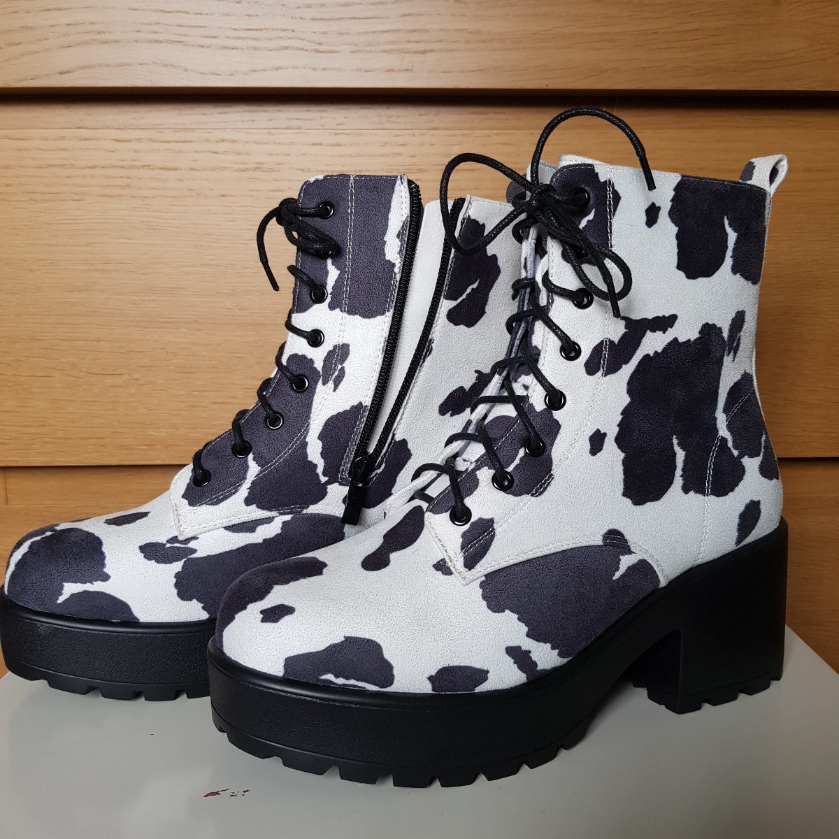 Daisy Platform Cow Print Military Boots from Koi footwear - Vegan ...