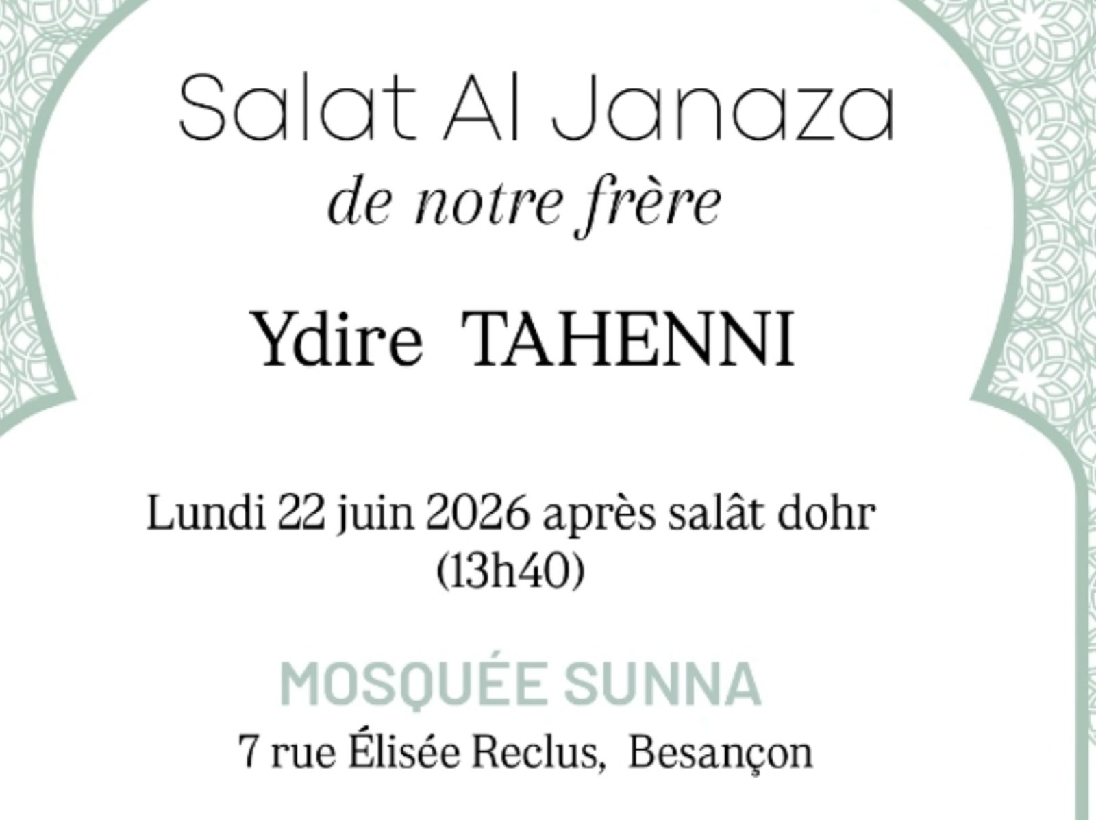 Cagnotte : Sadaqa pour notre frère Ydire Tahenni | Leetchi