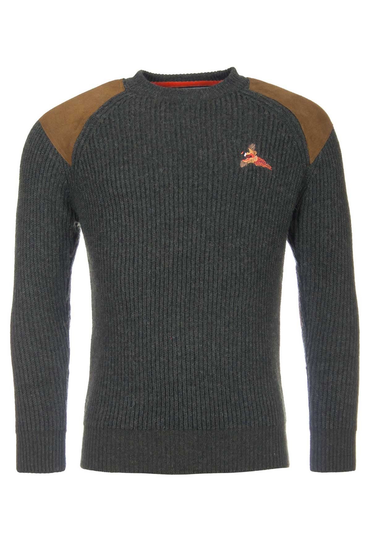 Mens Chunky Crew Neck Shooting Jumper With Elbow Patches UK - Rydale