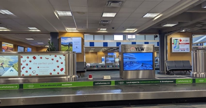 Arrivals and departures board at YLW lit up red with cancellations ...