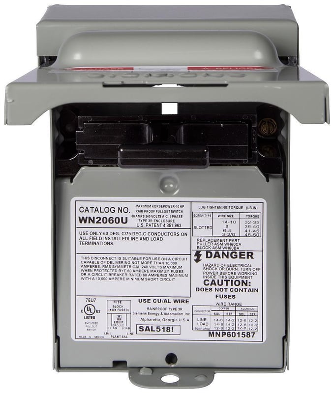 Siemens WN2060U Non-Fusible Pullout AC Disconnect Switch, 240 V AC, 60 ...