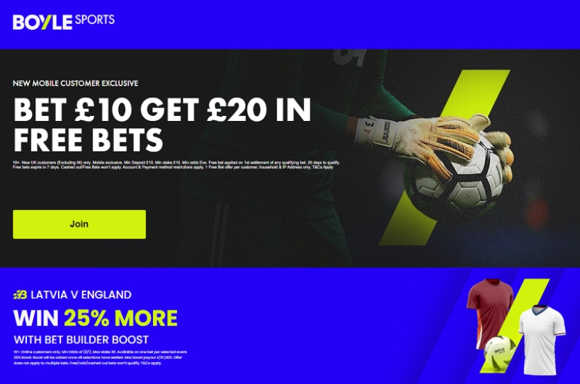 Latvia vs England Offer – Get A 25% Bet Builder Boost PLUS £20 In Free Bets