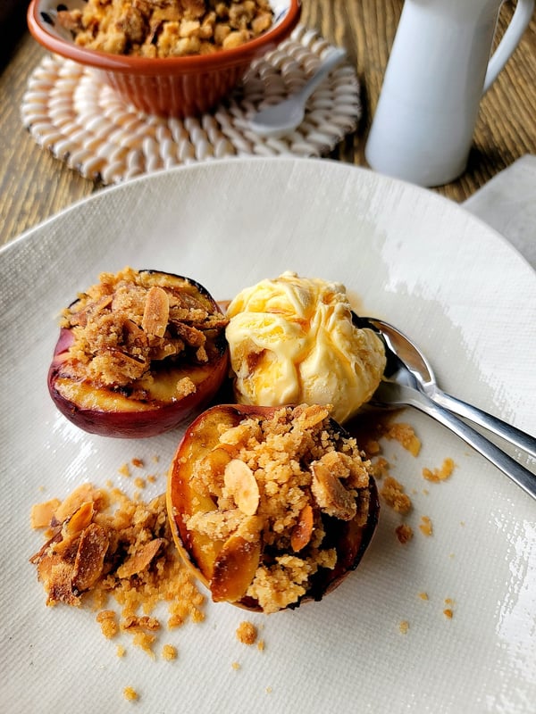 Grilled Peaches with Almond Crumble - Shared Kitchen