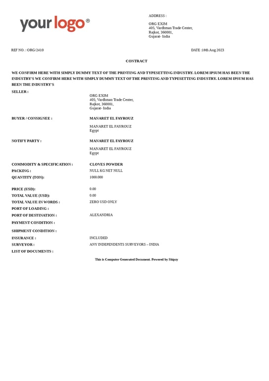 Export Contract Document | Shipzy