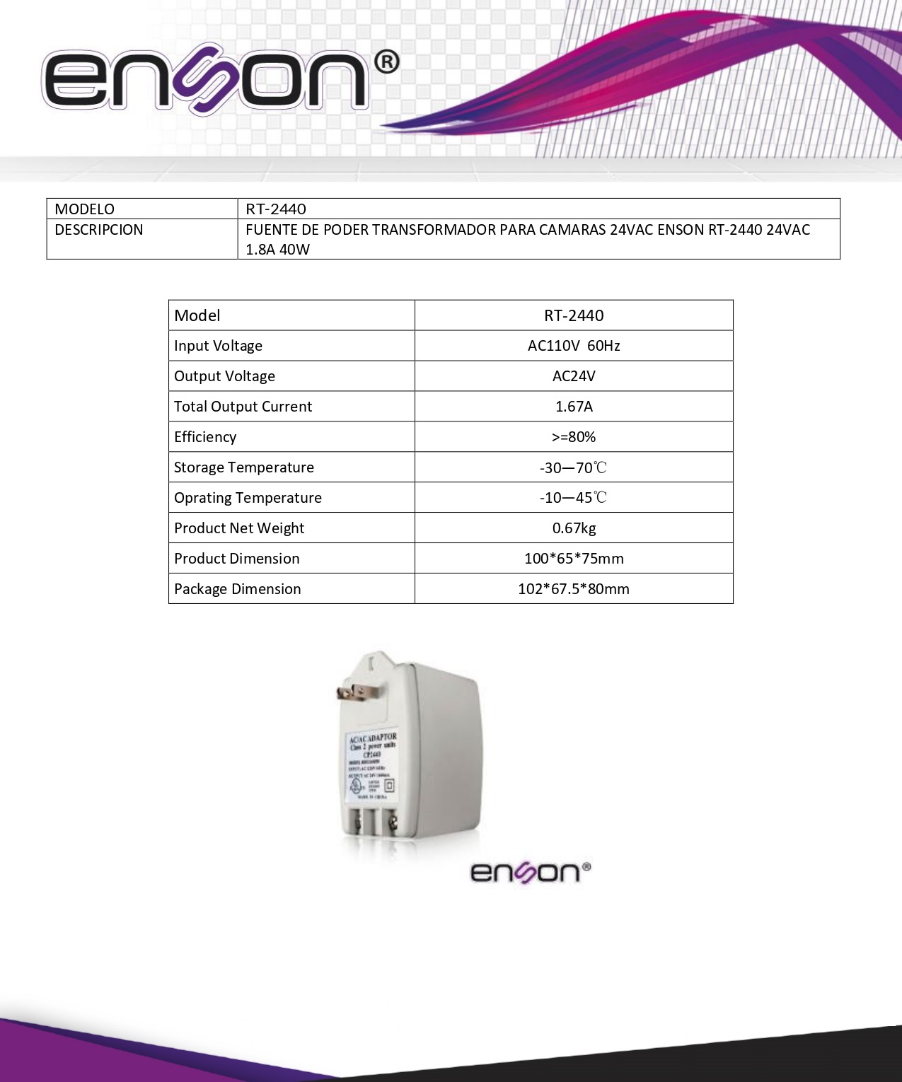 Fuente de Poder Enson RT-2440 24VAC/ 1.8A Ideal para su Uso en ...