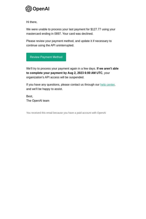 Payment Failed: Please Update Your Payment Method for OpenAI API Payment Failed: Please Update Your Payment Method for OpenAI API