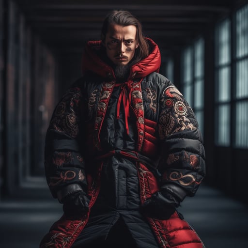 Samurai Armor inspired Red Puffy Coat Designs by Curtis Martin