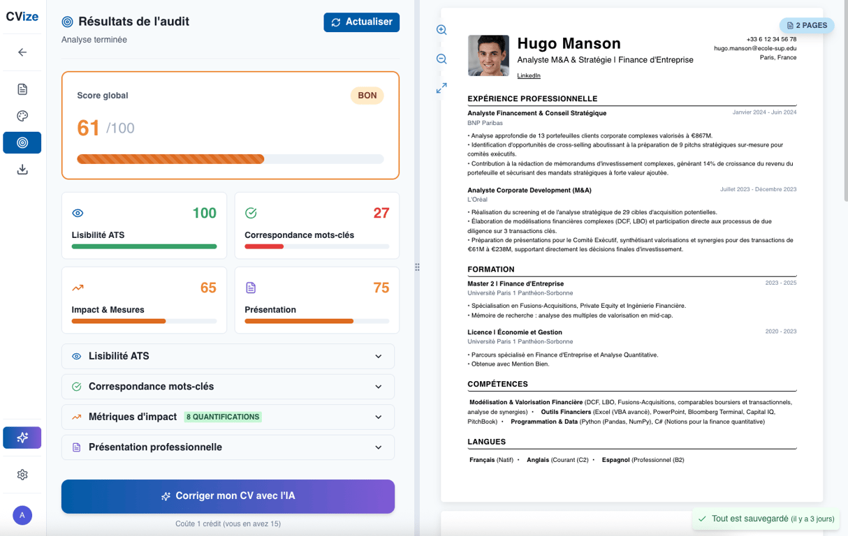 Créer un CV avec l'IA — le CV que les recruteurs liront | CVize